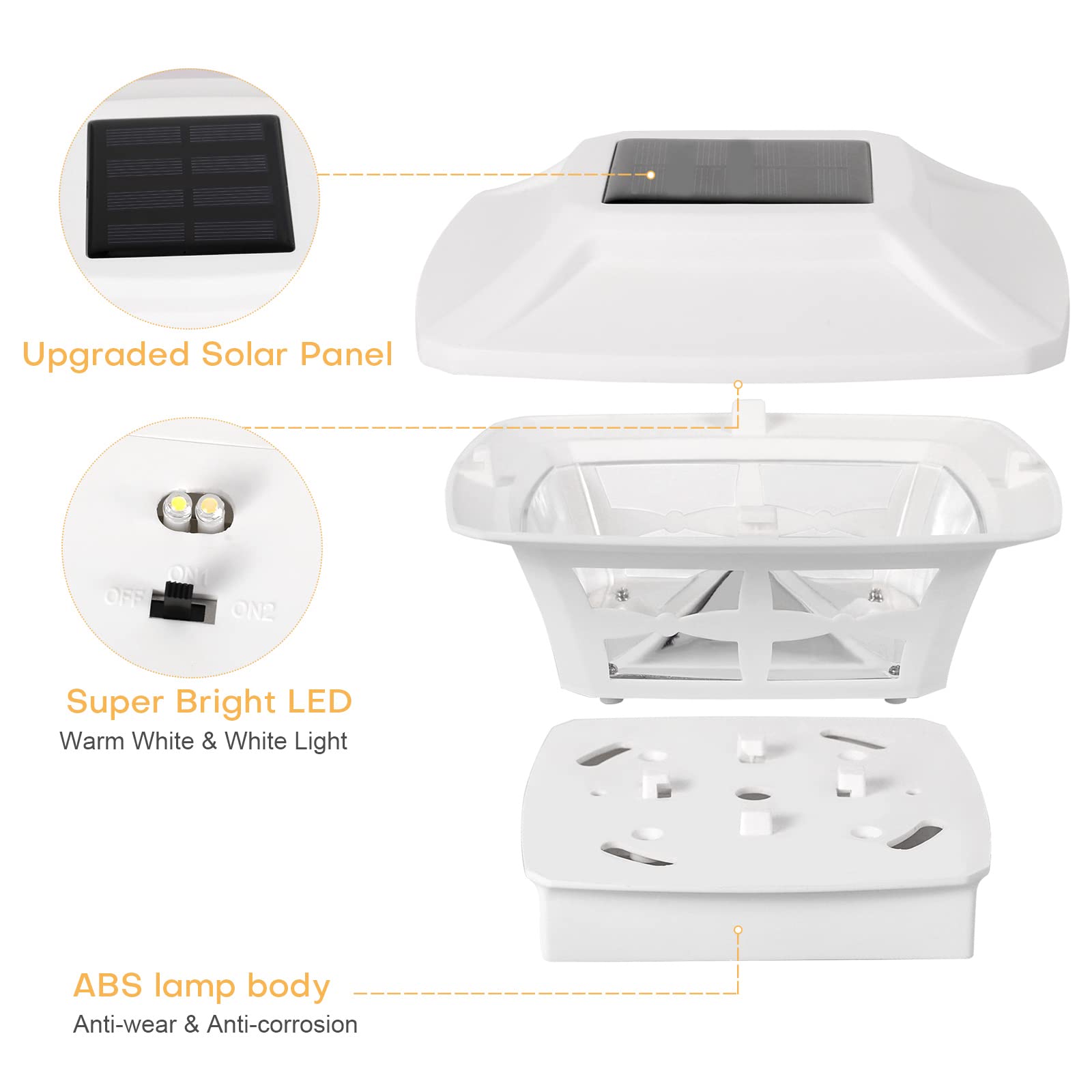 Solar Post Lights Outdoor 4x4 Post Cap Lights 4 Packs LED Deck Fence Light Waterproof Square Landscape Fence Lights for 4x4 PVC Vinyl Wood Post Garden Patio Yard Walkway White