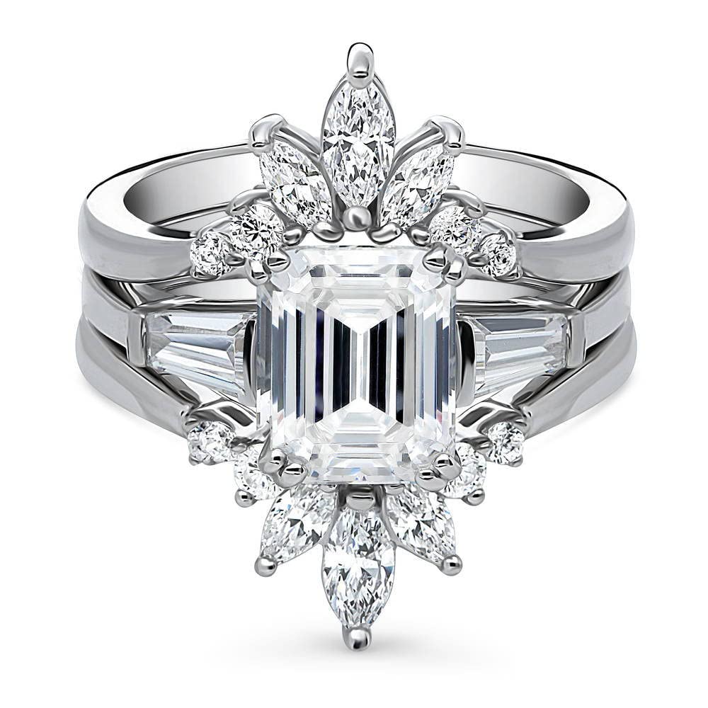 BERRICLE Sterling Silver 3-Stone Wedding Engagement Rings Emerald Cut Cubic Zirconia CZ 7-Stone Ring Set for Women, Rhodium Plated Size 5.5