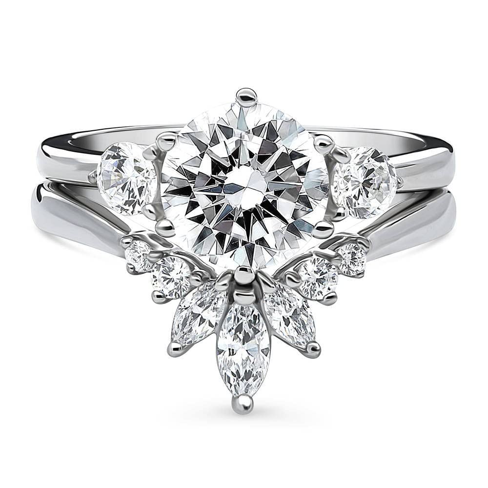BERRICLE Sterling Silver 3-Stone Wedding Engagement Rings Round Cubic Zirconia CZ 7-Stone Ring Set for Women, Rhodium Plated Size 6