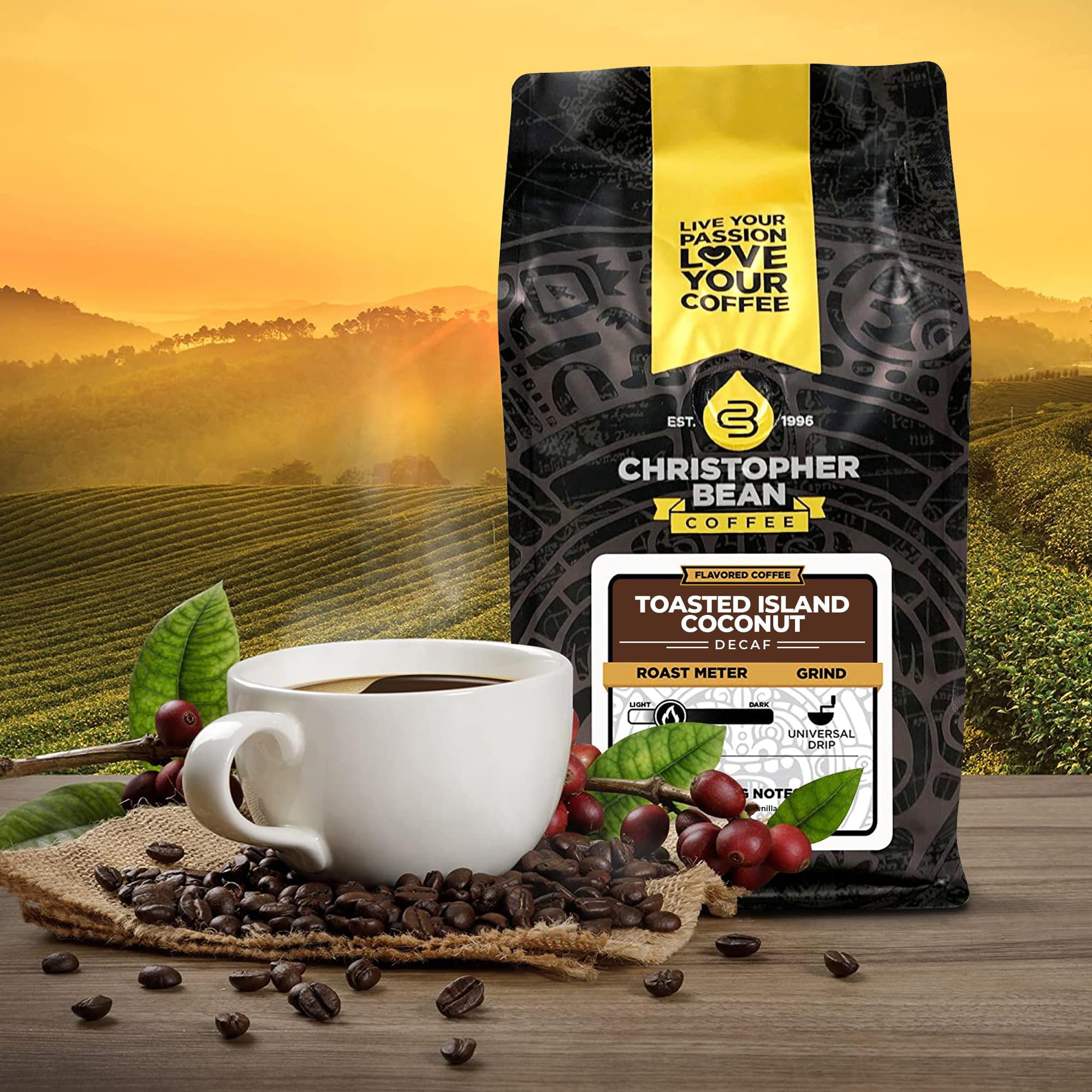 Christopher Bean Coffee - Toasted Island Coconut Flavored Coffee, (Decaf Ground) 100% Arabica, No Sugar, No Fats, Made with Non-GMO Flavorings, 12-Ounce Bag of Decaf Ground coffee