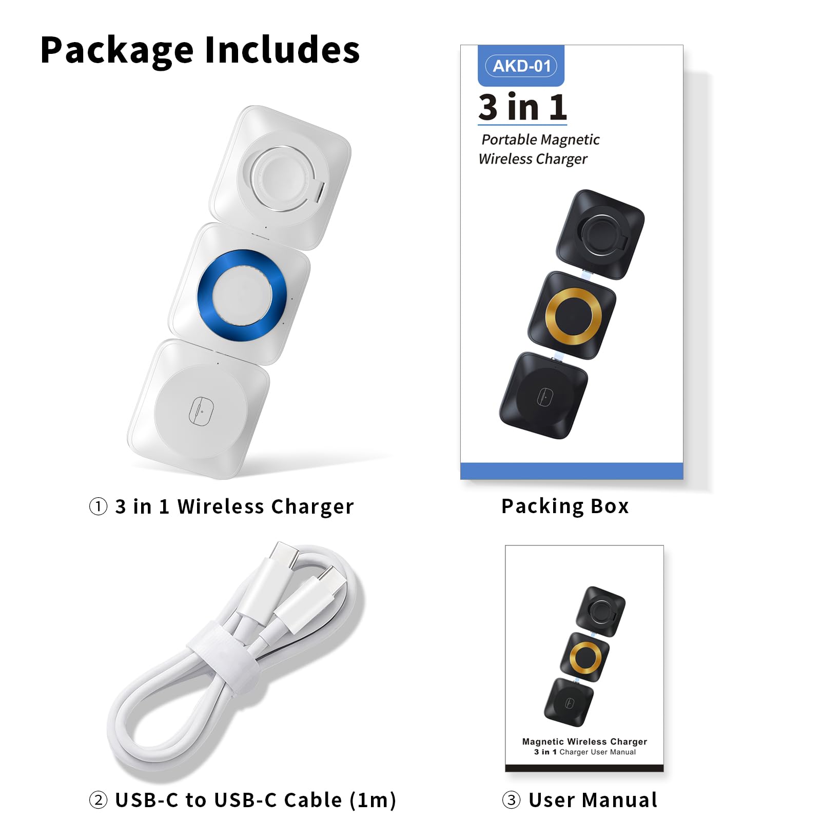 Charging Station for Apple Devices, 3 in 1 Portable Magnetic Wireless Charger, Wireless Charging Pad Compatible with iPhone 15/14/13 Series, AirPods 3/2,iWatch Ultra/8/7/6/5/4/3/2/SE (White)