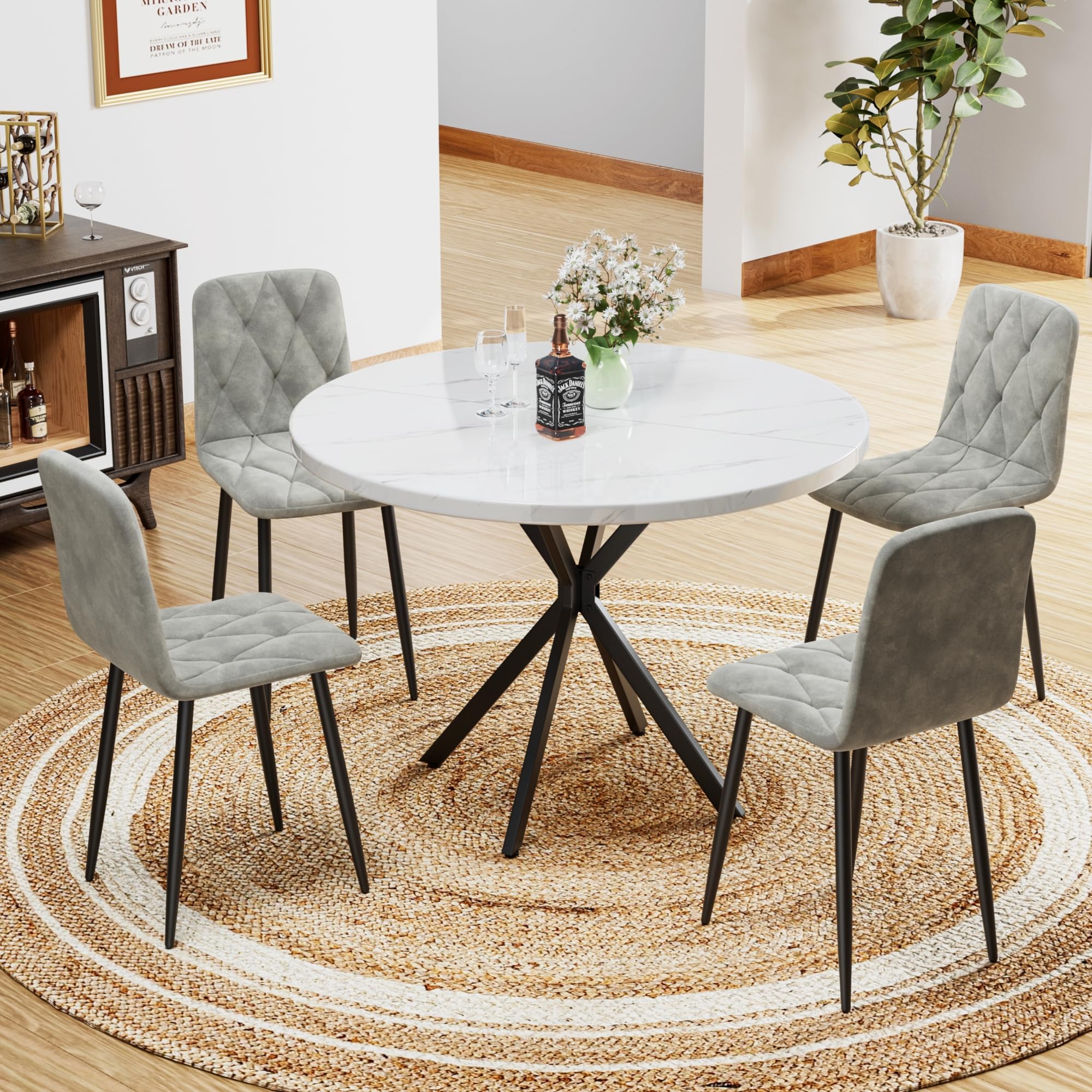 DKLGG White Round Dining Table Set for 4, 39" Round Kitchen Table Set with 4 Upholstered Velvet Chairs, Space-Saving Dining Table Set for Kitchen Dining Room(1 White Table with 4 Grey Chairs)