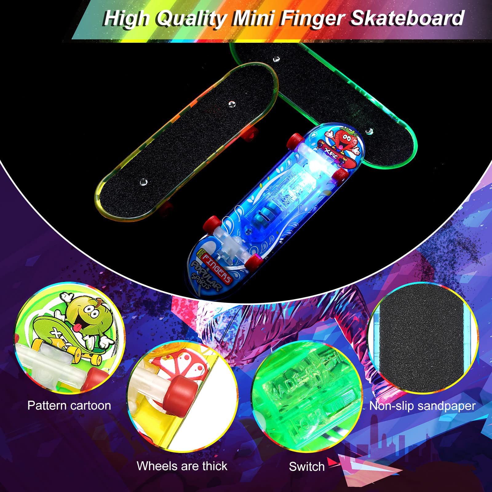 Sotiff 33 Pcs Light up Mini Finger Skateboard Toys Set, LED Finger Skateboards for Kids Hand Skateboard Toys Fingerboard Tiny Skateboards for Fingers Creative Fingertips Movement for Party(Classic)