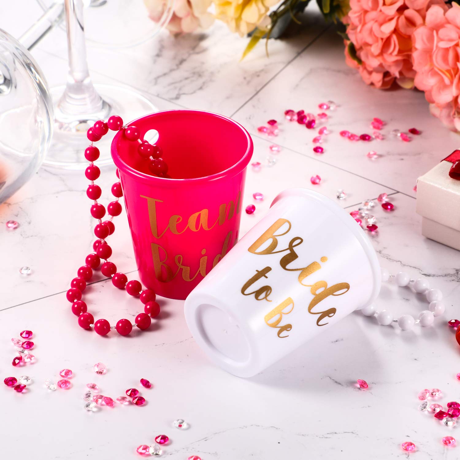Maitys 12 Pieces Team Plastic Beaded Bridal Shot Glass Necklace with Gold Foil for Bachelor/Bachelorette Party Necklace(Stylish)