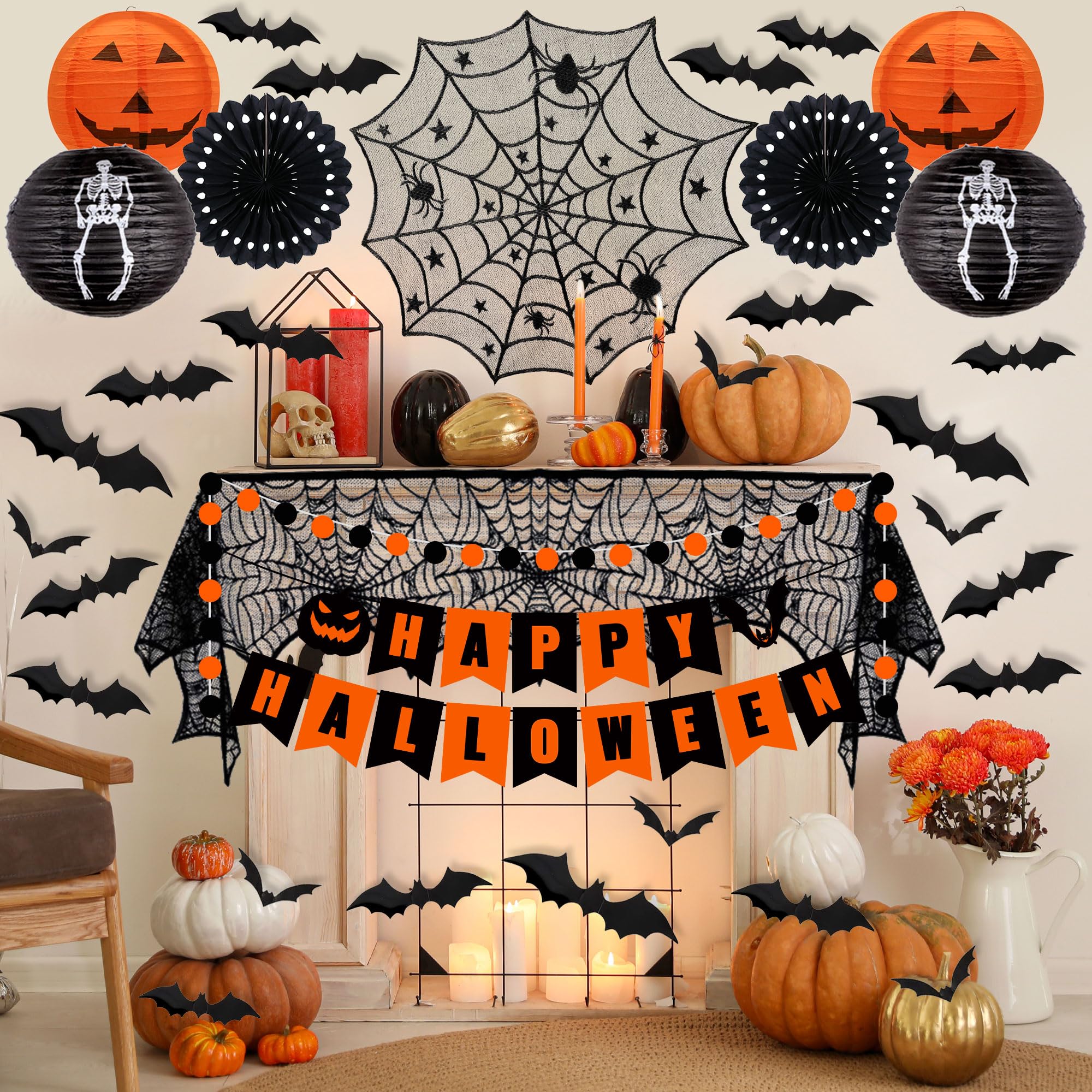 DMIGHT Halloween Decorations Indoor Set, Paper Lanterns & fans, Halloween Fireplace Mantel Scarf, Spiderweb Tab Runner, Halloween Banner, 60 Pcs Scary 3D Bat Sticker, Halloween Party Spooky Home Decor