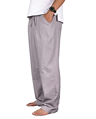 Men's Drawstring Loose Linen Beach Pants Lightweight Elastic Waist Yoga Lounge Cotton Trousers Pajamas (Grey, Large)