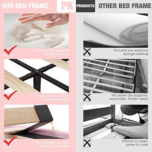 Daznzn Full Size Upholstered Platform Bed Frame, Velvet Bed Frame with Stitched Headboard and Strong Wooden Slat Support, Easy Assembly, No Box Spring Needed, Non-Slip and Noise-Free, Pink