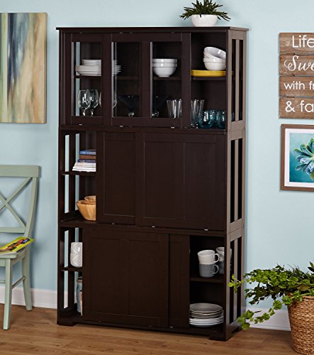 Target Marketing Systems Storage Cabinet with Sliding Glass Doors, Sideboard Buffet with Open Side Panels, Stackable Cupboard for Kitchen, Dining, and Living Room, 42", Espresso