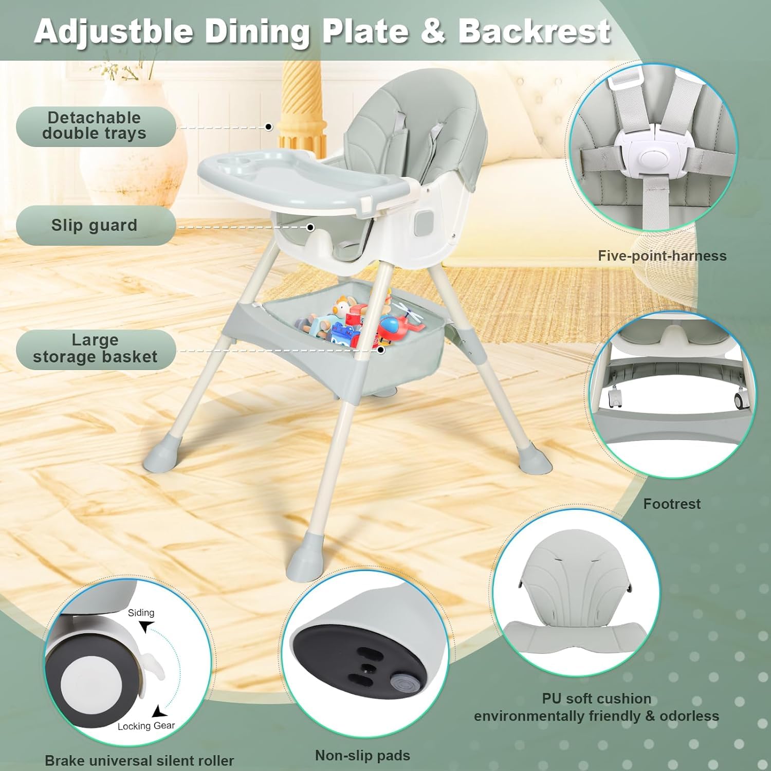 Boyro Baby 4-in-1 Baby High Chair, High Chairs for Babies and Toddlers with Removable Tray and Adjustable Backrest & Height, Convertible & Foldable, Grows with Baby