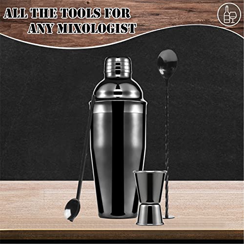 Purism Cocktail Shaker,4-Piece Stainless Steel Bartender Kit Essential Cocktail Bar Tool Set,25 oz Martini Shaker with a Built in Strainer lid &Manual of Recipe, Bar Set for Home Drink Mixing(Black)