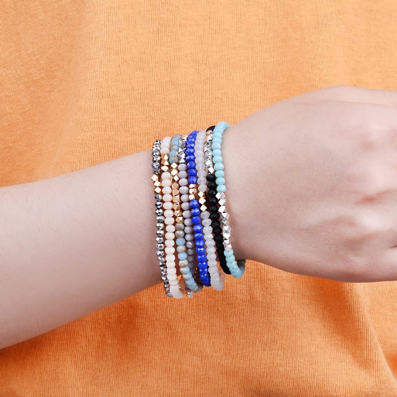 CASDAN 17Pcs Stackable Boho Beaded Bracelets for Women MultiLayer Versatile Statement Glass Bracelets Stretch Colorful Sparkly Crystal Beads Bracelet Delicate Gift