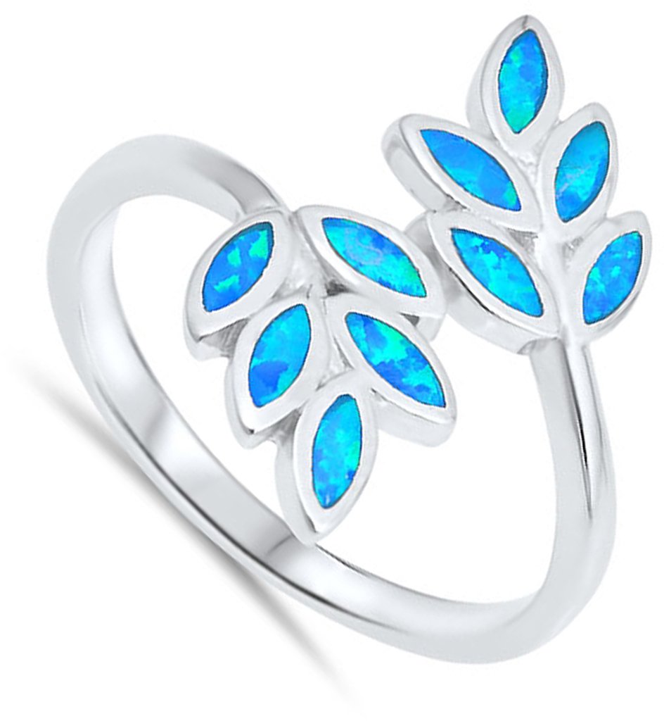 Blue Simulated Opal Leaf Branch Vine Tree Ring New 925 Sterling Silver Band Size 5