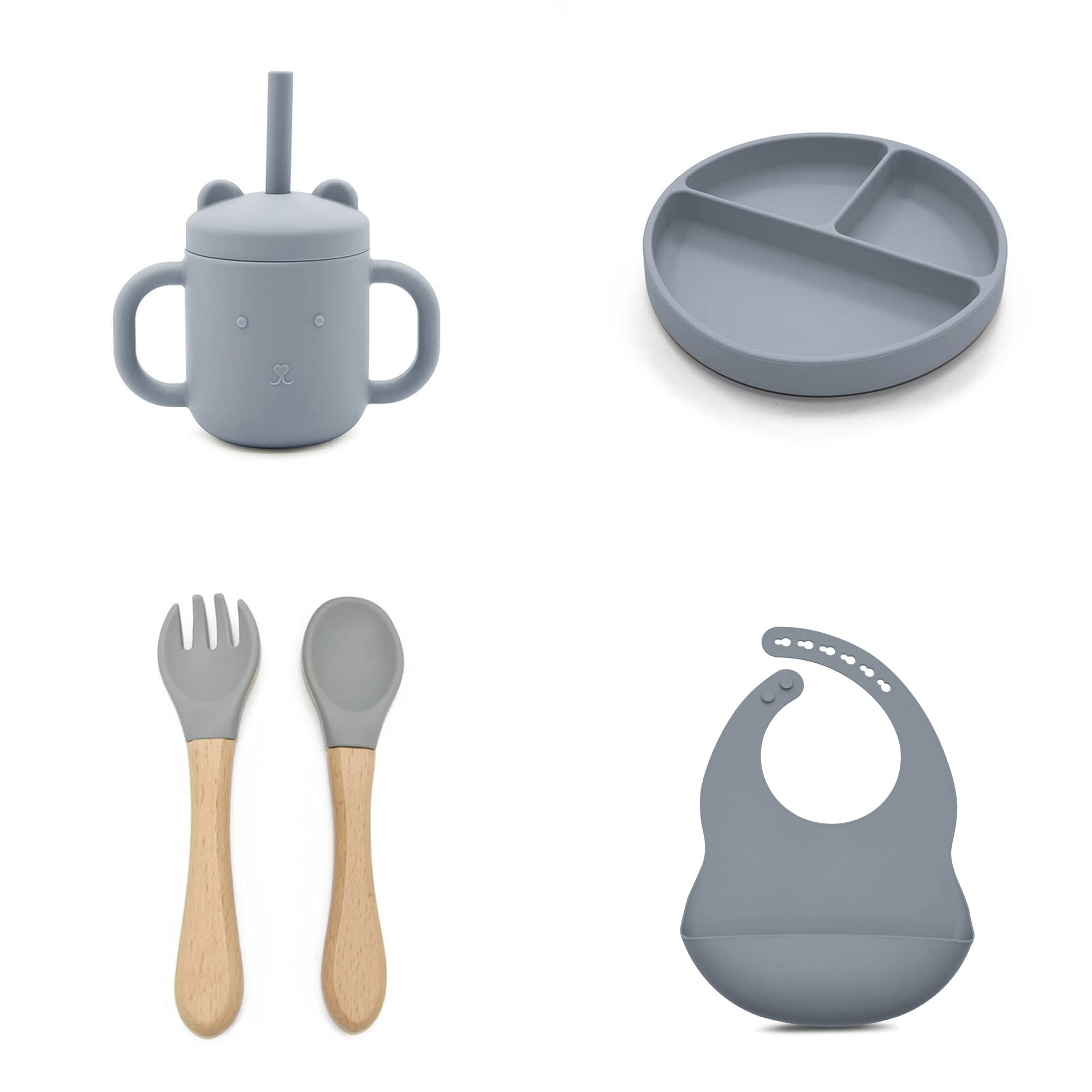 BPA Free Baby Feeding Set Food Grade Silicone Set Includes Suction Plate, Fork, Spoon, Bib and Sippy Cup (Tradewinds)