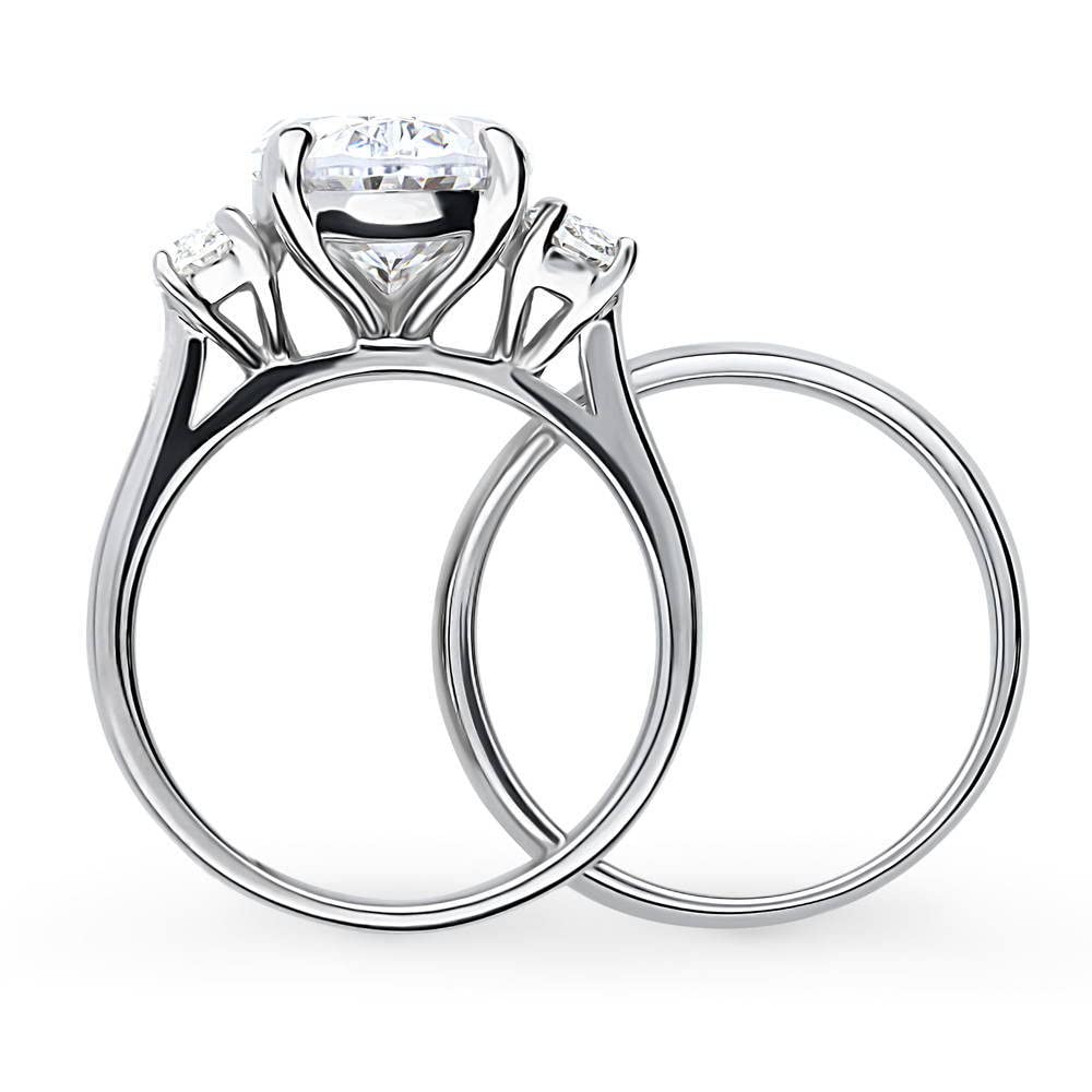 BERRICLE Sterling Silver 3-Stone Wedding Engagement Rings Oval Cut Cubic Zirconia CZ Ring Set for Women, Rhodium Plated Size 6