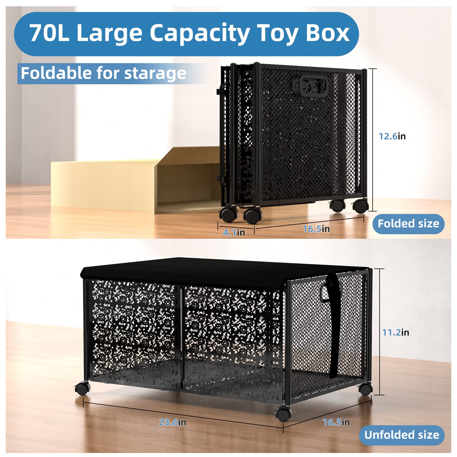 IDMOP Large Metal Toy Box Storage,Toy Box Chest with Lid,Collapsible Sturdy Toy Storage Bins With Wheels,Toy Storage Baskets with Handles for Nursery Playroom (2 Pack, Black)