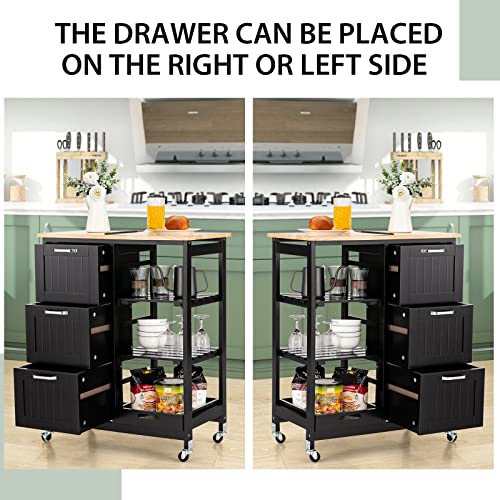 GOFLAME Kitchen Island Cart on Wheels with Storage, Versatile Rolling Cart with Wood Countertop, 3 Drawers, Removable Tray & Lockable Casters, Mobile Serving Trolley for Kitchen, Dining Room, Black