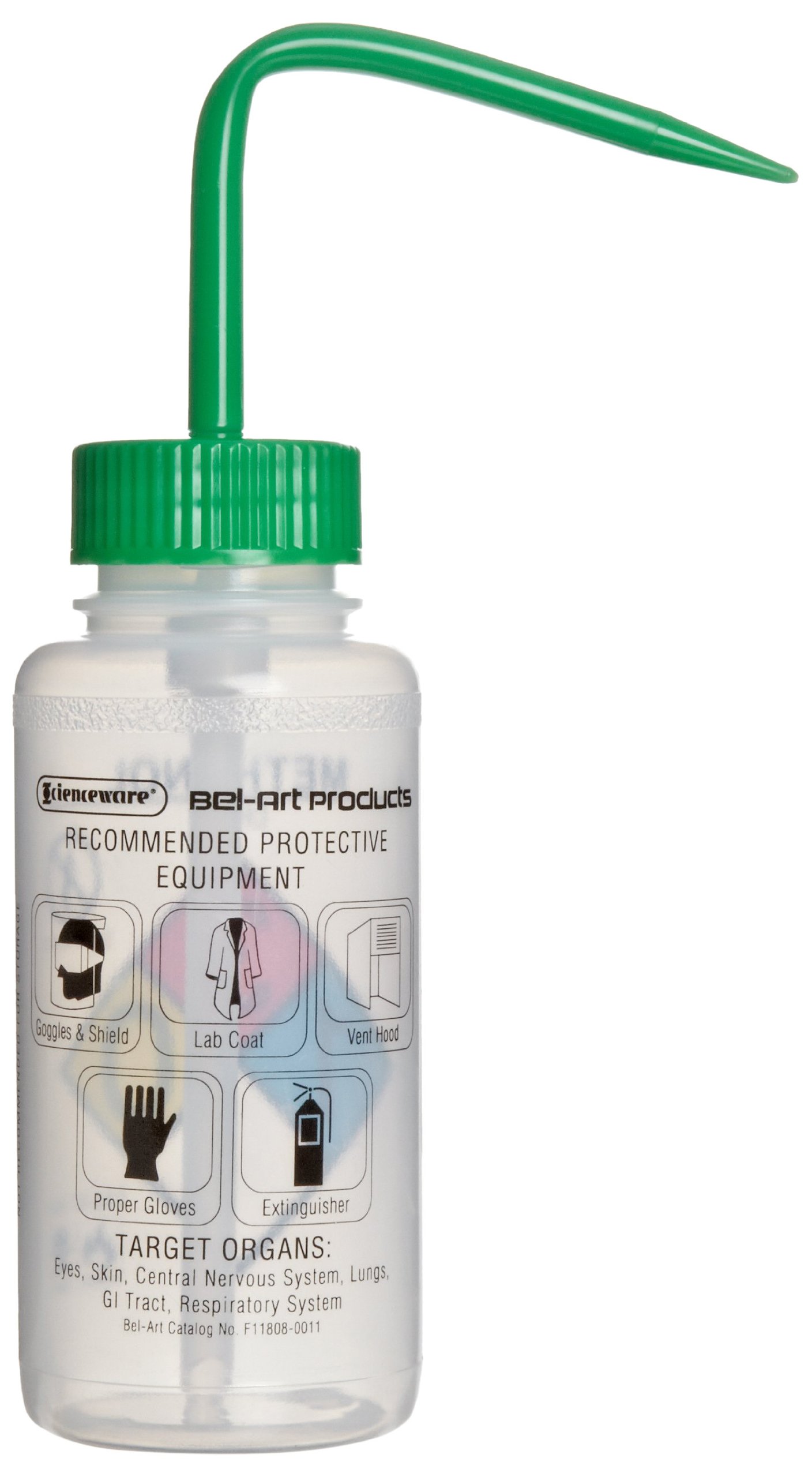 SP Bel-Art Right-to-Know Safety-Vented/Labeled 4-Color Methanol Wide-Mouth Wash Bottles; 250ml (8oz), Polyethylene w/Green Polypropylene Cap (Pack of 4) (F11808-0011)
