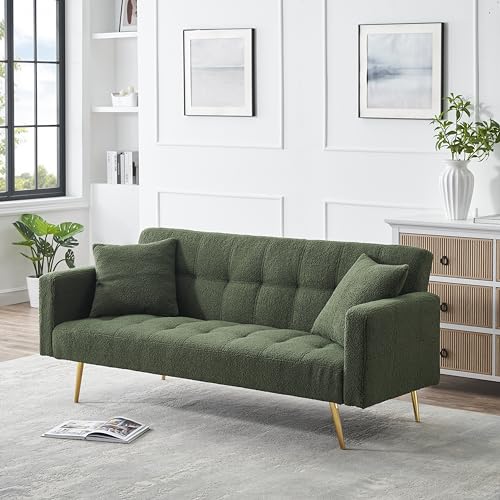 Eafurn Teddy Fleece Upholstered Folding Futon Sofa Bed Convertible Sleeper Couch with 3 Adjustable Backrest, Recliner Loveseat Lounge Sofabed Daybed with Golden Metal Legs for Living Room Office