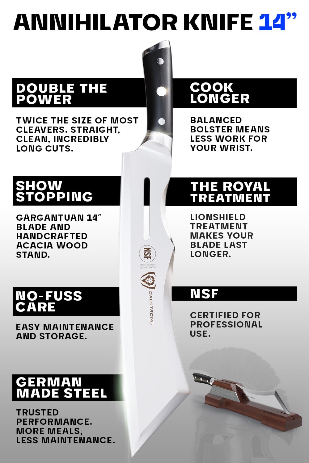 Dalstrong Heavy Duty Butcher Breaking Knife - 14 inch Cleaver Knife - Gladiator Series R - The 'Annihilator' - 7CR17MOV High Carbon Steel - Razor Sharp - G10 Handle - w/Stand & Sheath - NSF Certified