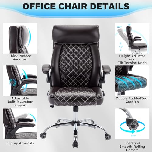 Executive Office Chair Ergonomic Desk Chair, High Back Computer Chair with Adjustable Lumbar Support,Padded Flip-Up Arms Home Office Chair, Upholstered Swivel Work Chair for Long Hours