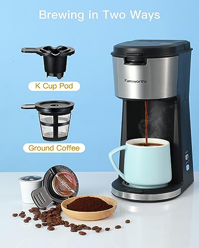 Famiworths Iced Coffee Maker with Milk Frother, Hot and Cold Single Serve Coffee Maker for K Cup Pod and Ground, Compact Coffee Machine 2 in 1 with Descaling Reminder and Self Cleaning