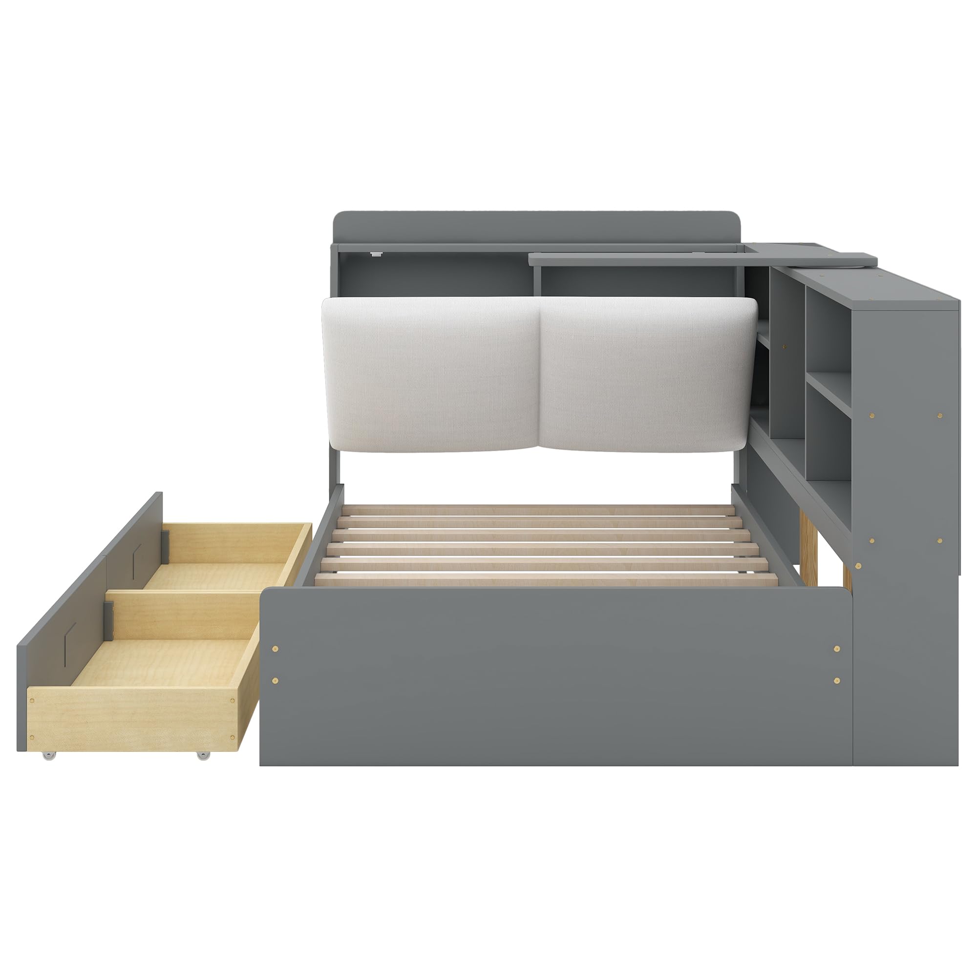 DNChuan Twin Size L-Shaped Daybed with Upholstered Storage Headboard and Underneath Drawers,Captains Bed with Bookcase,Rotatable Table Board,Gray
