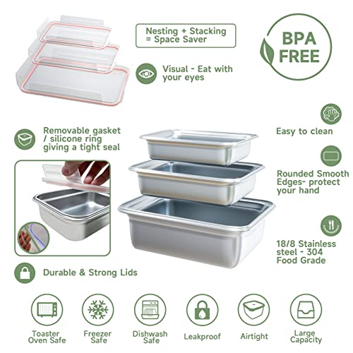 MOZAOUSA Stainless Steel Food Storage Containers with Lids,Leakproof Bento Lunch Box Containers,Airtight Bento Boxes Set of 3 for Adults,Stackable Snack Food Prep Containers for Kitchen & Travel