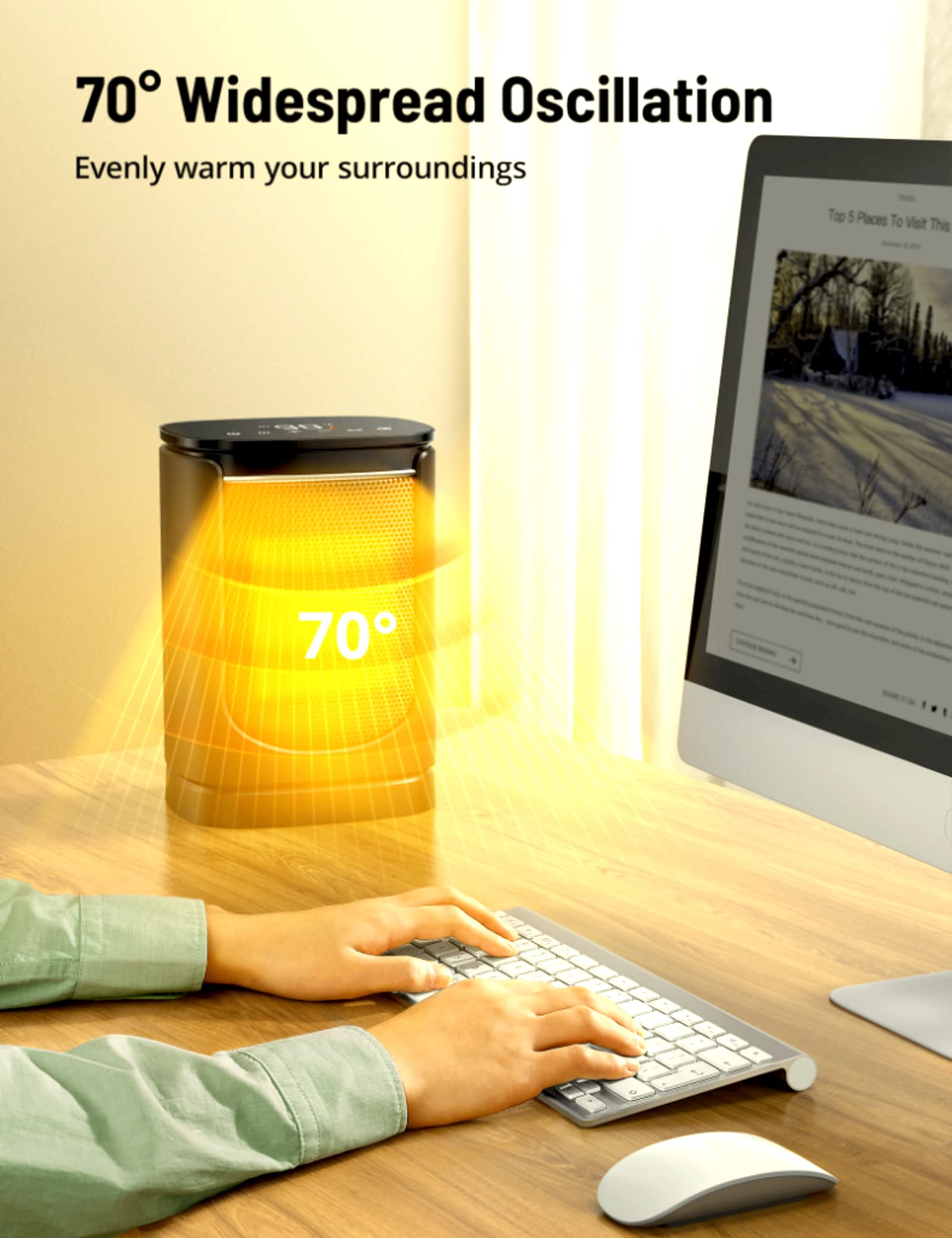 Space Heater for Indoor Use, Electric Ceramic Heater, 3 Modes, 12h Timer, Fast Heating Portable Heater, 70°Oscillating Heater with Tip-over & Overheating Protection for Living room, Office, Bedroom