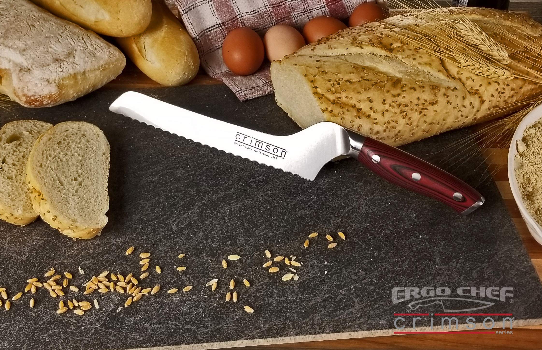 Ergo Chef Crimson Series Serrated Offset Bread & Deli Knife, 8-inch - Forged German X50CrMoV15 High-Carbon Stainless Steel - G10 Handle
