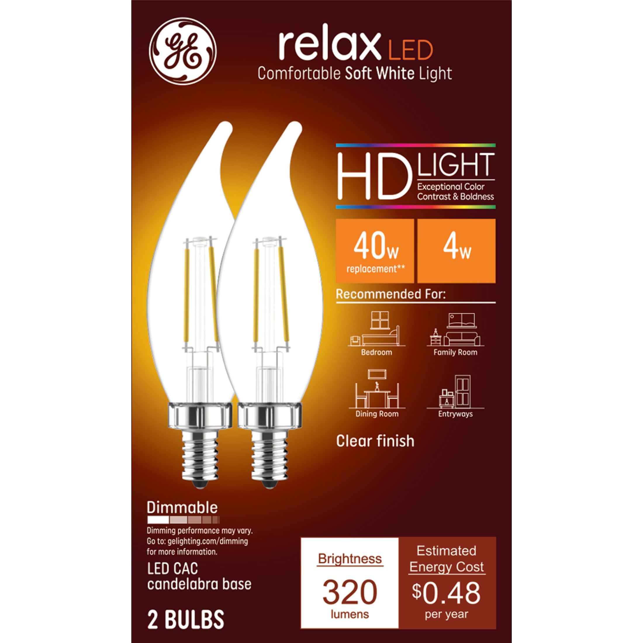 GE Relax LED Light Bulbs, 40 Watt, Soft White, Decorative Bulbs, Clear, Small Base 2 Count (Pack of 1)