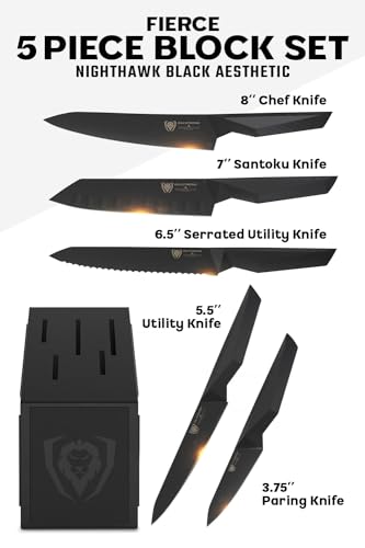 DALSTRONG Knife Block Set - 5pc - Shadow Black Series - Black Titanium Nitride Coated - High Carbon - 7CR17MOV-X Vacuum Treated Steel - Sheath - Kitchen Knife Set with Block - NSF Certified