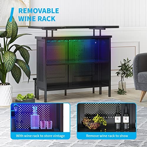 Mjkone Wine Bar Cabinet with LED Lights by Remote Control, Coffee Bar Cabinet for Liquor and Glasses, Home Bar Unit with Wine Rack, Mini Bars with Storage (Black)