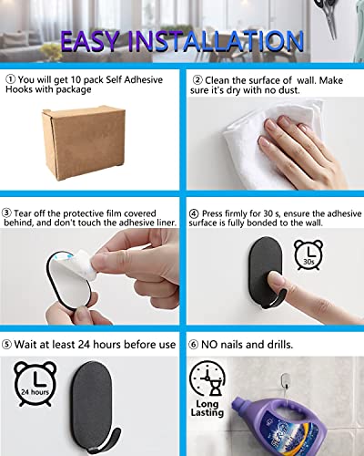 JIELAIMI Self Adhesive Hooks White, 10 Pack Sticky Hooks Extra Strong for Kitchen, Bathroom, Sink - Waterproof Carbon Steel Stick Hanger on Towel Hooks