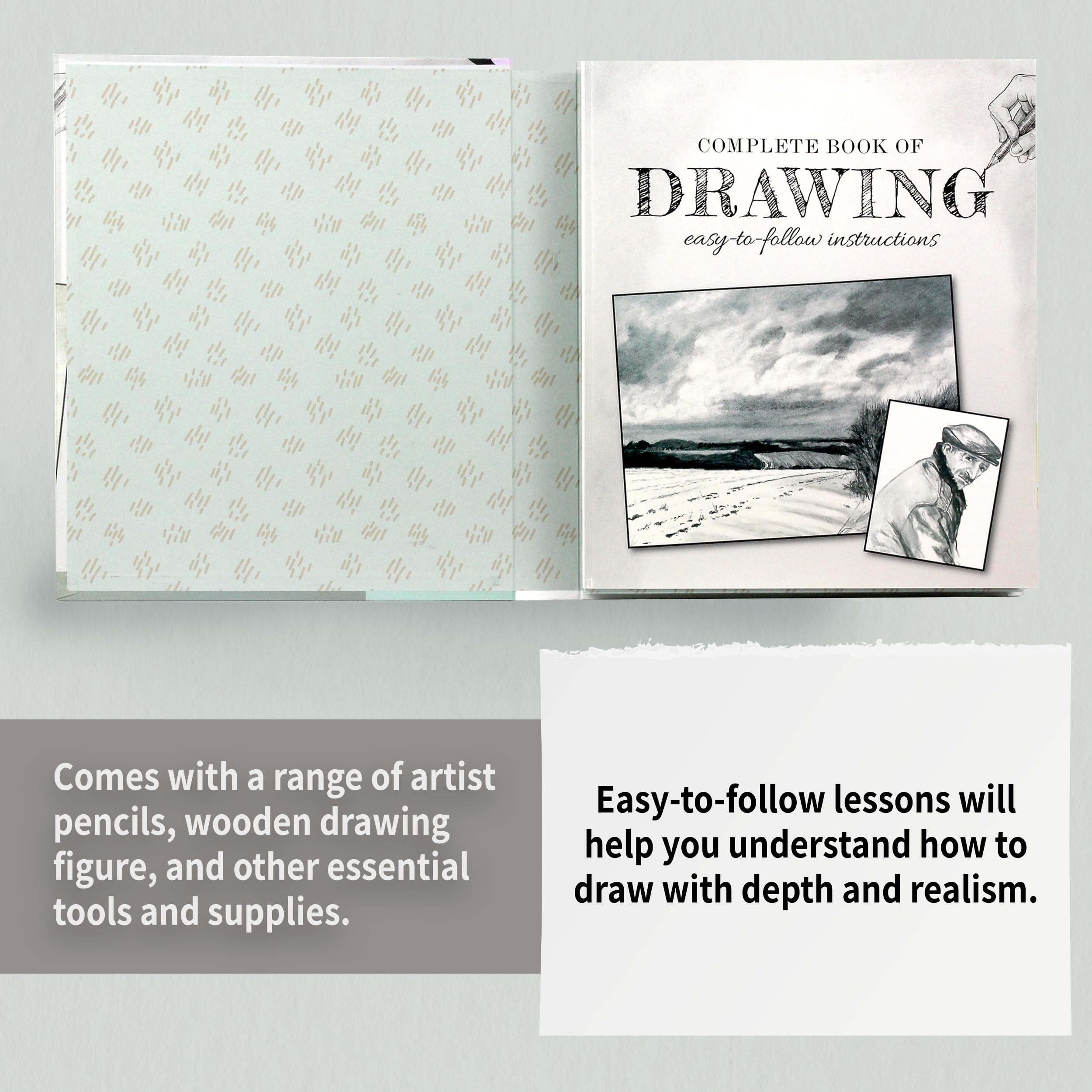 SpiceBox Complete Drawing Set, How to Draw Book with Sketching Supplies and Wooden Drawing Figure, Arts and Crafts Hobby Kits for Adults