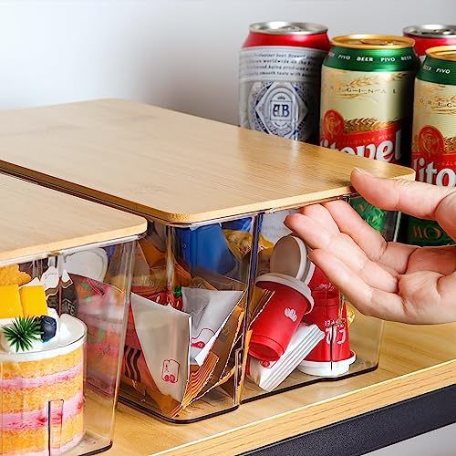Qilinba 2 Pcs Bamboo Storage Box with Lids, Acrylic Storage Container with External Handles for Organizing Chips, Snacks, Coffee Pod, Laundry Pods, Crafts