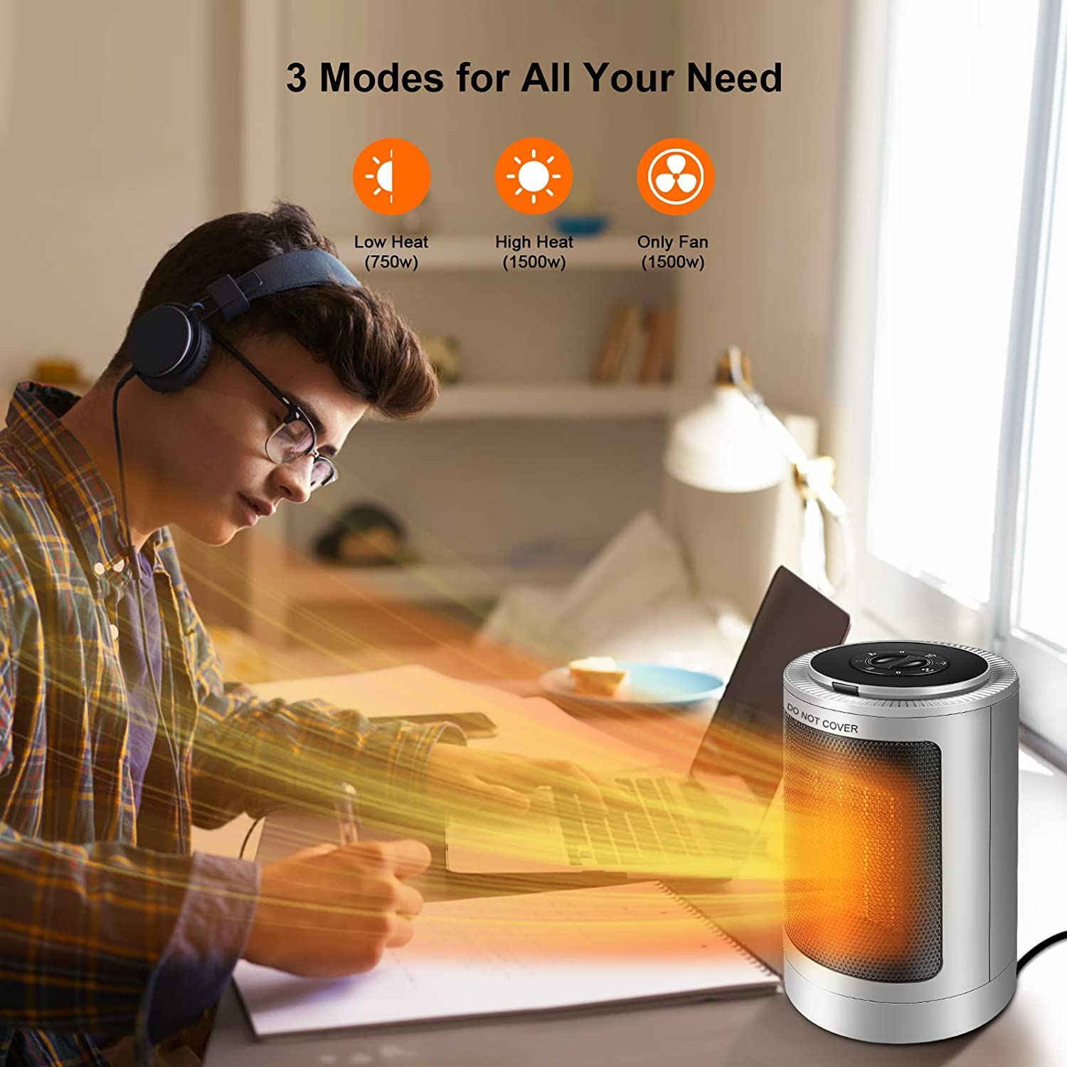 Space Heater, 1500W Ceramic Quiet Room Heater with Adjustable Thermostat, Tip-Over and Overheat Protection, Portable Electric Heater for Office Bedroom Indoors