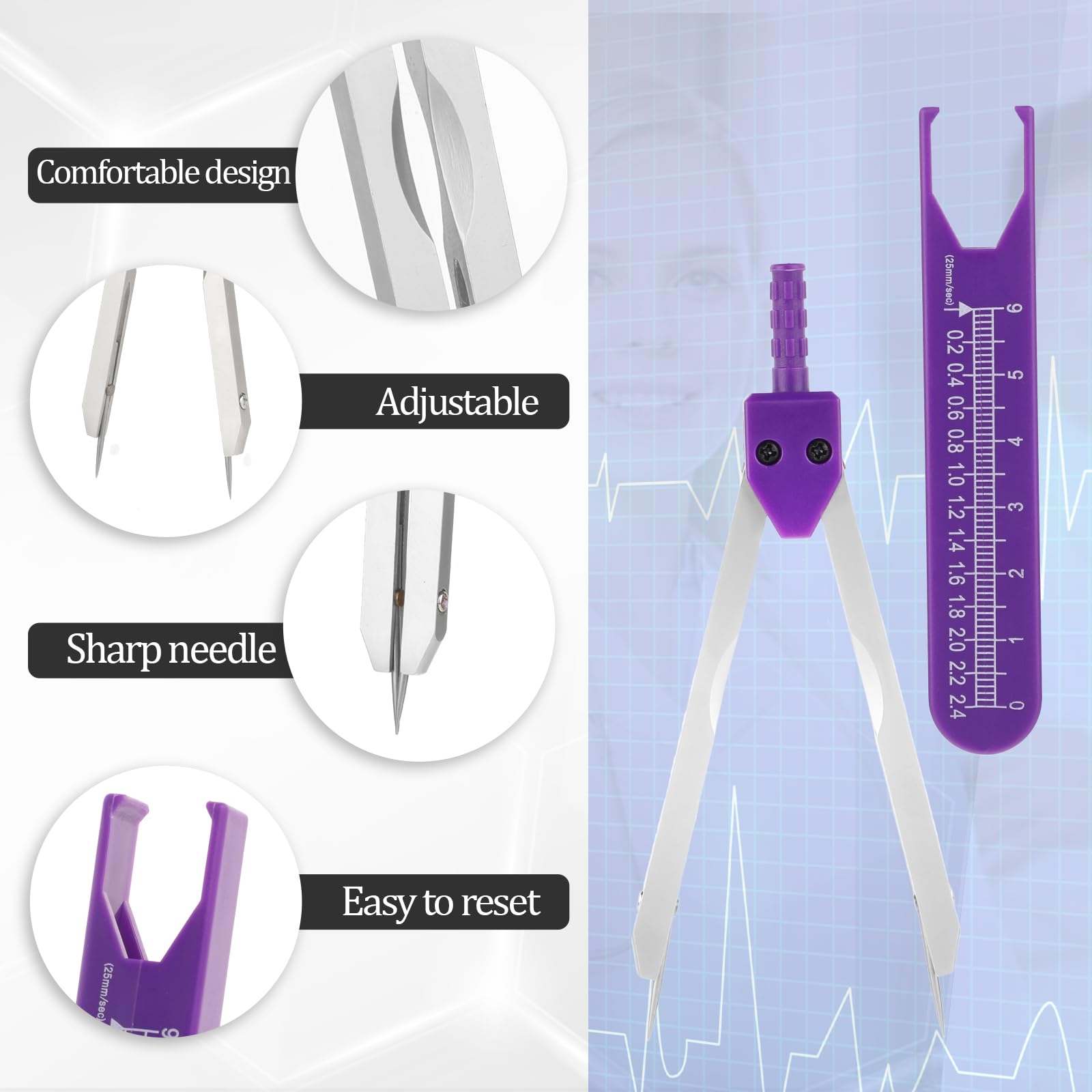 EKG Caliper ECG Caliper Electrocardiogram Divider for Nursing,Electrocardiographs Measuring Tool for Doctors, Nurses, Medical Student - Purple