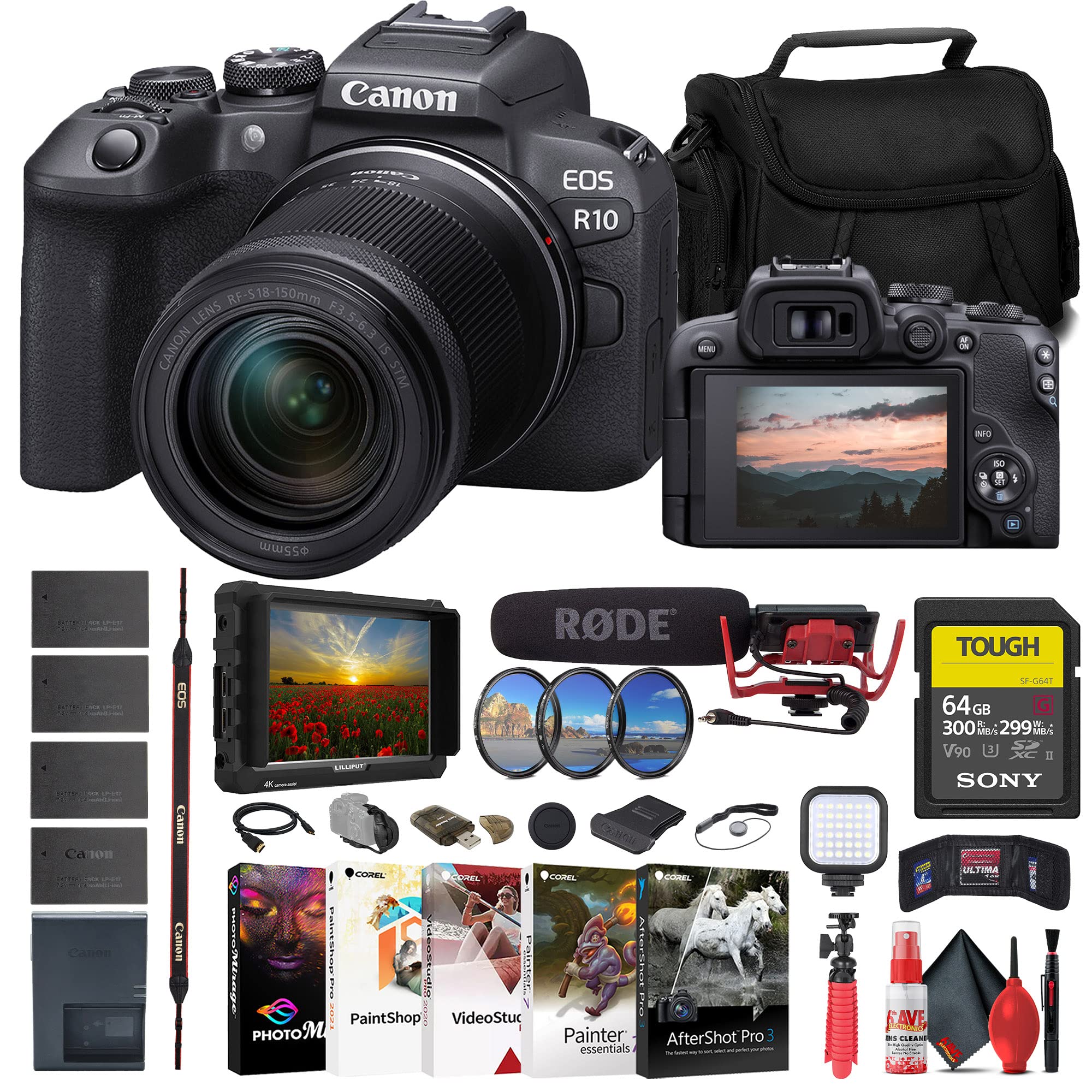 Canon EOS R10 Mirrorless Camera with 18-150mm Lens (5331C016) + 4K Monitor + Rode VideoMic + Sony 64GB TOUGH SD Card + Filter Kit + Wide Angle Lens + Telephoto Lens + Color Filter Kit + More (Renewed)