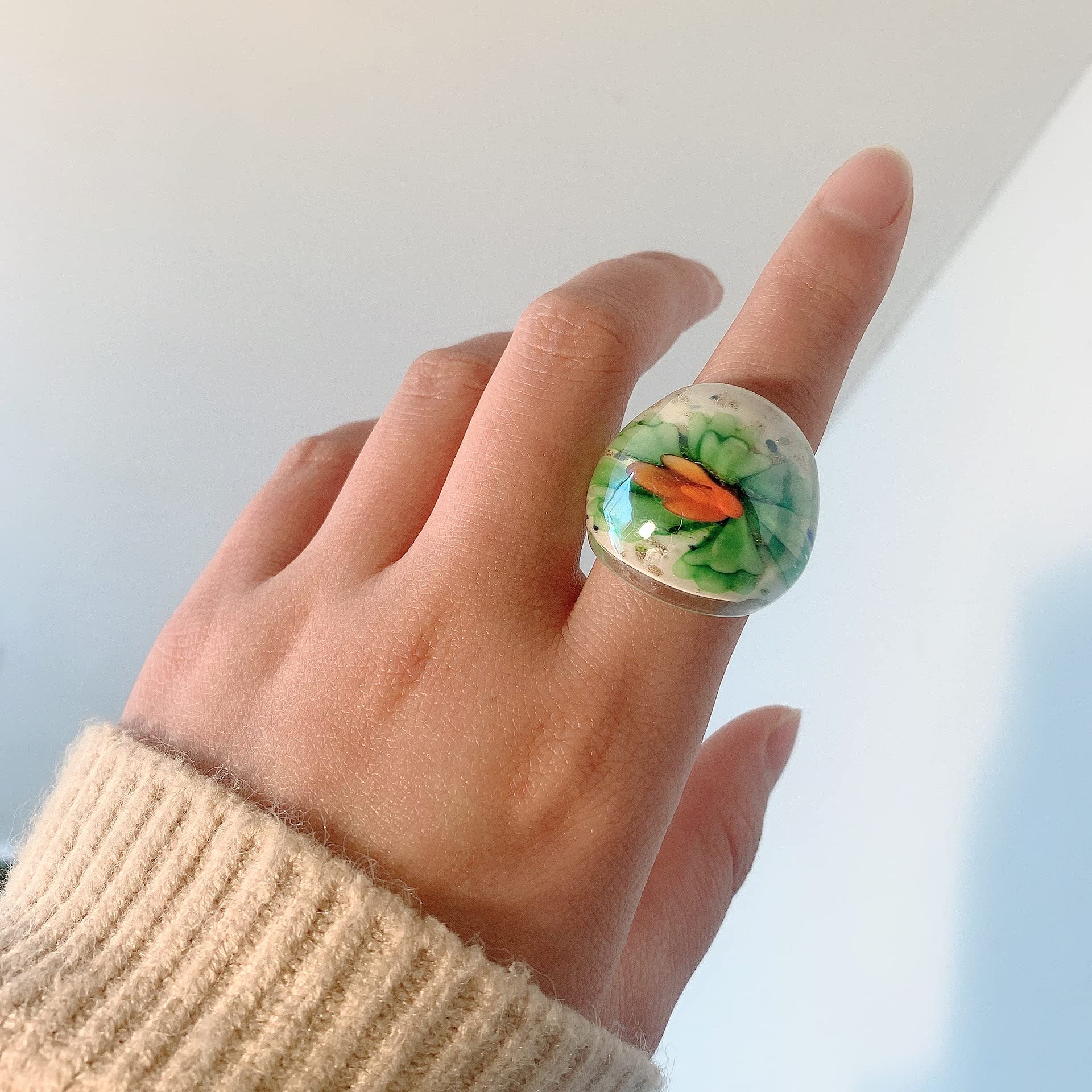 Boho Flower Dome Ring, Retro Chunky Resin Rings, Vintage Wide Thick Knuckle Acrylic Ring, Stackable Ethnic Style Statement Rings for Women Girls-green fl