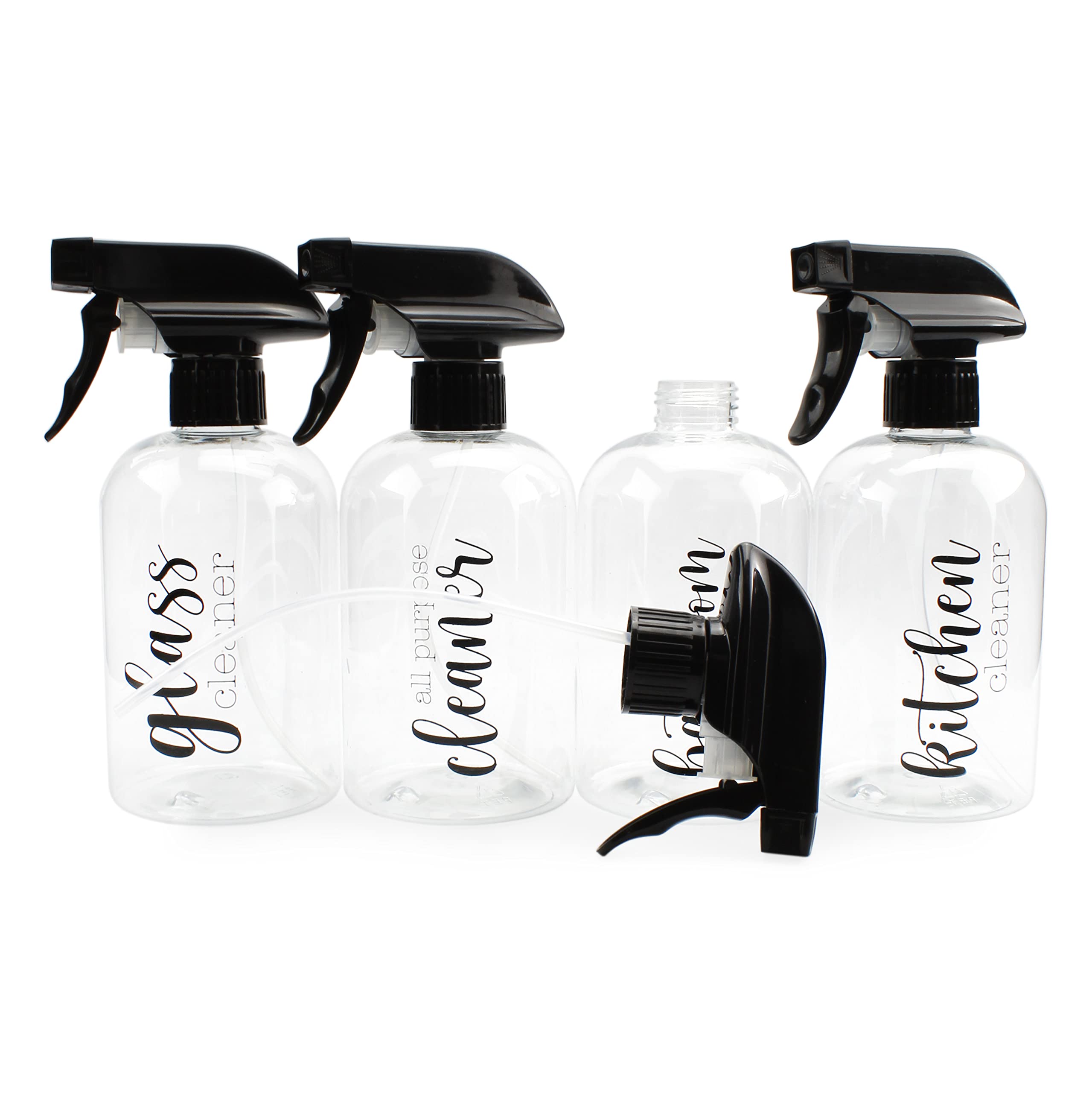 Cornucopia Plastic Cleaning Spray Bottles with Labels (Set of 4); 16oz Refillable Trigger Sprayers w/ 3 Settings and Farmhouse Script Labels