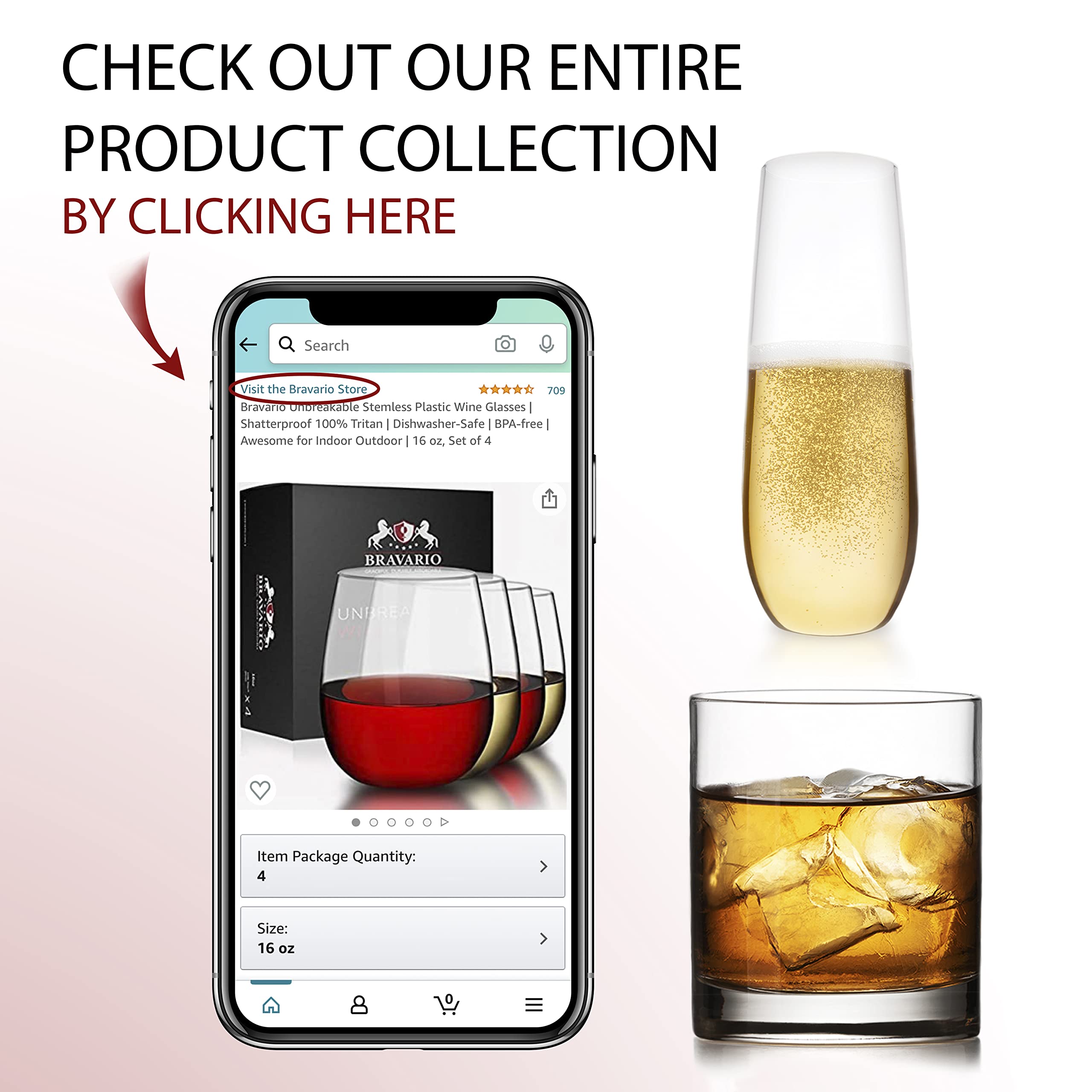 Bravario Unbreakable Glasses Bundle | 4 Wine, 4 Whiskey | Shatterproof 100% Tritan Plastic | Dishwasher-Safe | BPA-free | Awesome for Indoor & Outdoor, Gifts & Holidays