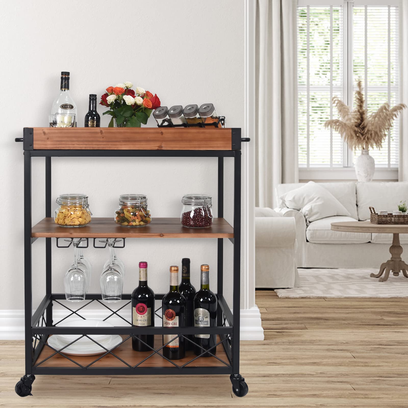 CharaVector Solid Wood Bar Serving Cart,Rolling Kitchen Storage Cart for The Home with Wine Glass Rack and Lockable Caster,Rustic Brown