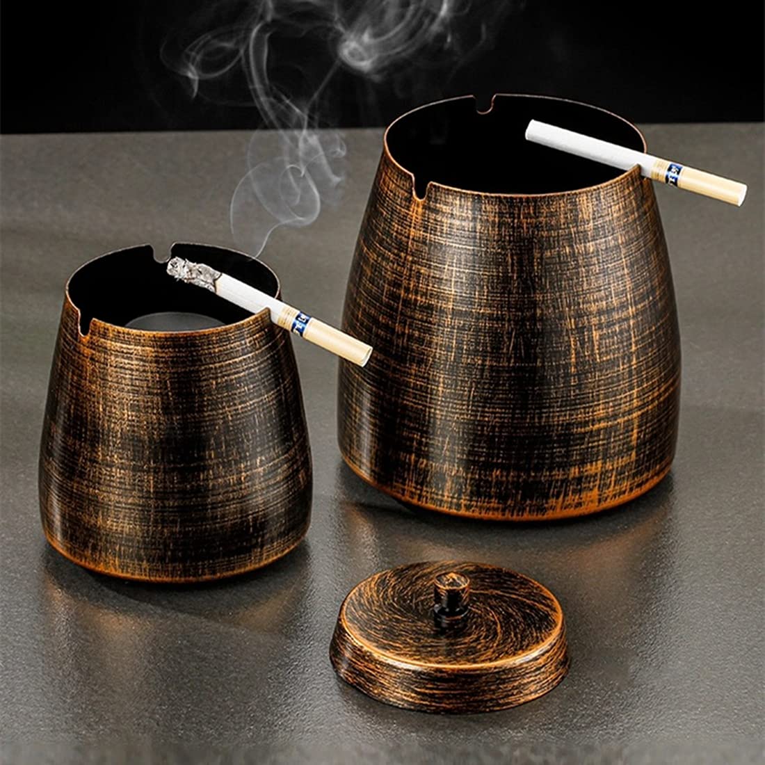 JIMS Outdoor Cigarette Ashtray with Lid, Indoor Stainless Steel Smokeless Ash Tray Windproof Smell Proof Odorless Home Ashtrays for Office Tabletop Garden Balcony Patio ( Retro,Medium), AB-01