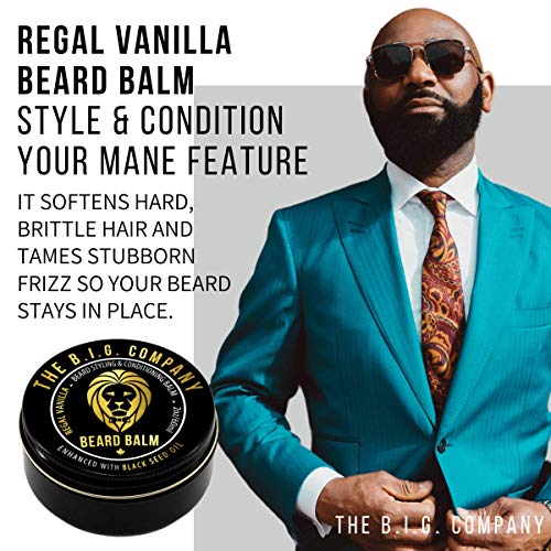 Beard Balm for Men - The B.I.G. Company - Beard Moisturizer & Conditioner with Beeswax for Medium Hold Styling Ease - Black Seed Oil & Argan Oil Supports Beard Growth [Classy Regal Vanilla Scent]
