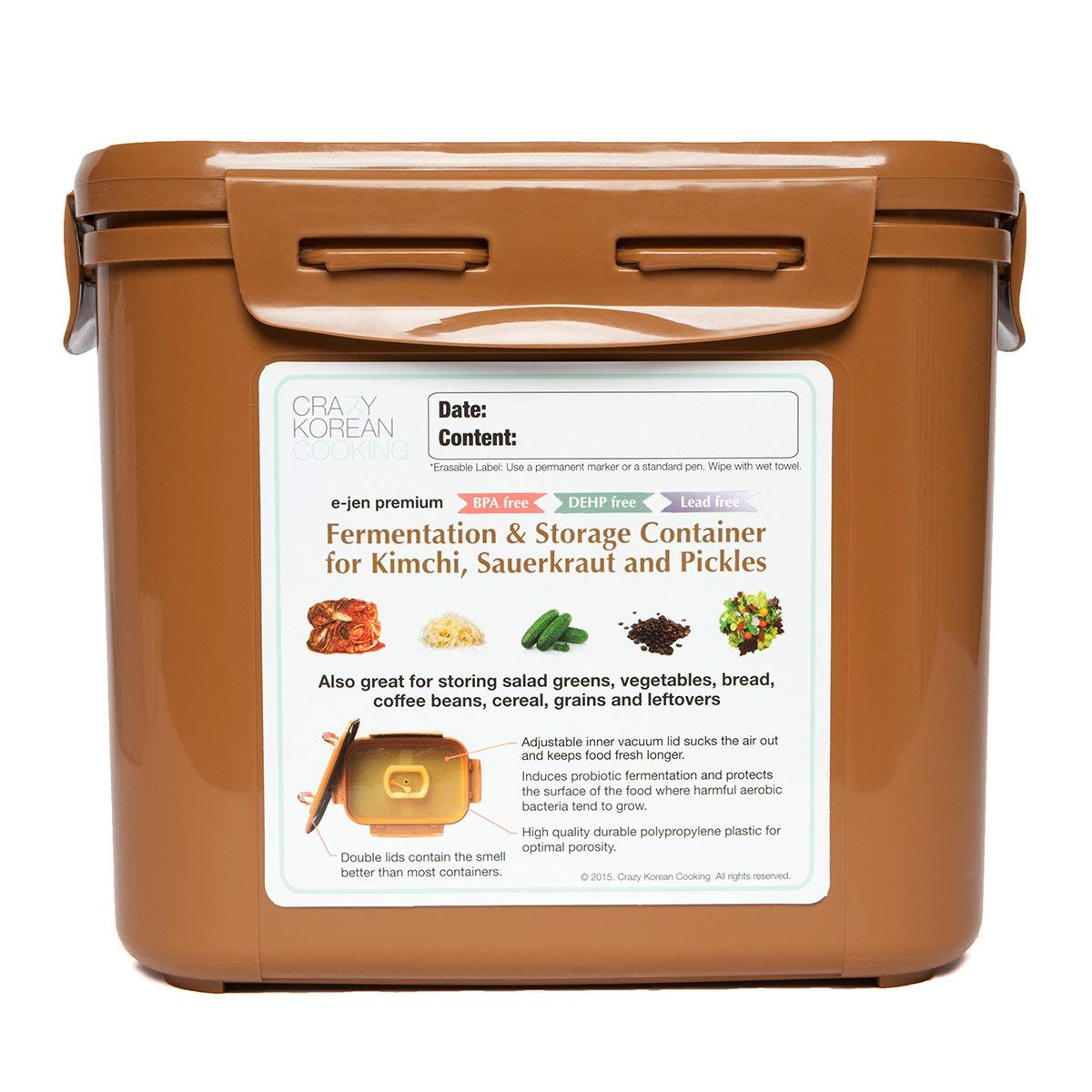 Crazy Korean Cooking Premium Kimchi, Sauerkraut Fermentation and Storage Container with Inner Vacuum Lid, Sandy Brown, 0.9 gallon (3.4 L) (0.9 Gal (3.4L) 1 PACK)