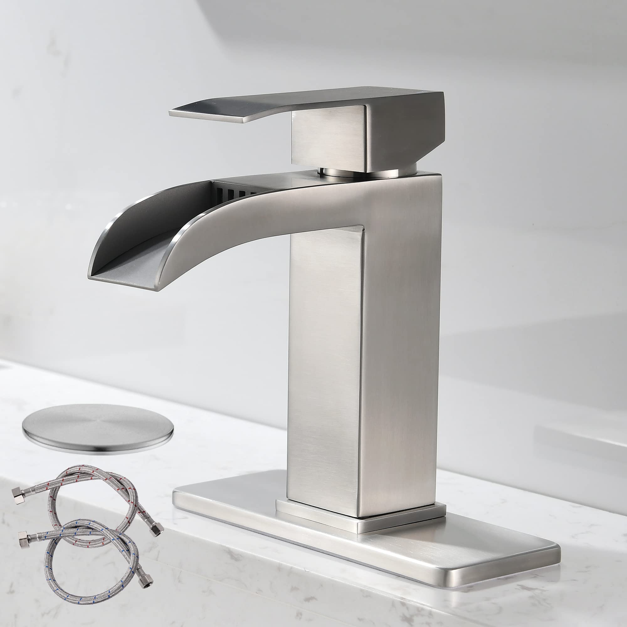 BRAVEBAR Brushed Nickel Waterfall Bathroom Faucet - Single Handle Sink Faucets Bathroom 1 Hole or 3 Hole for 4In | Modern Solid Brass Vanity Faucet with Deck Plate & Overflow Pop Up Drain