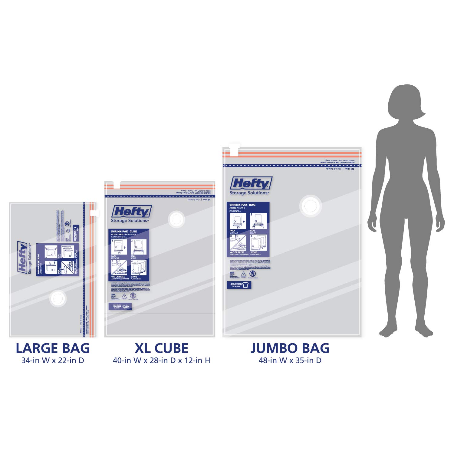 Hefty Shrink-Pak Starter Kit - 2 Large, 1 XL Cube, 1 Jumbo Vacuum Seal Storage Bag and Hand Pump β Space Saver Bags for Clothing, Pillows, Towels, or Blankets, 5 Pc Set