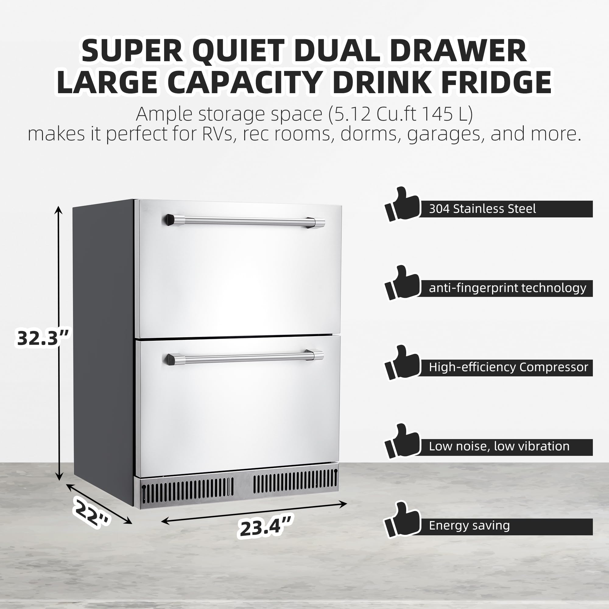 Garvee 24 inch Undercounter Refrigerator, 5.12 Cu.Ft Outdoor Fridge for Patio, Wine and Beverage Refrigerator, Drawer Refrigerator Under Counter Fridge Ideal for Home and Commercial