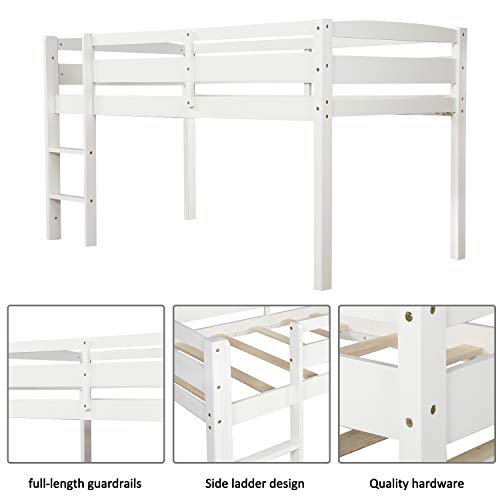 Merax LUMISOL Junior's Low Loft Bed for Kids, Twin Loft Bed with Guard Raill and Built-in Ladder, Bed Bedroom Furniture (White)