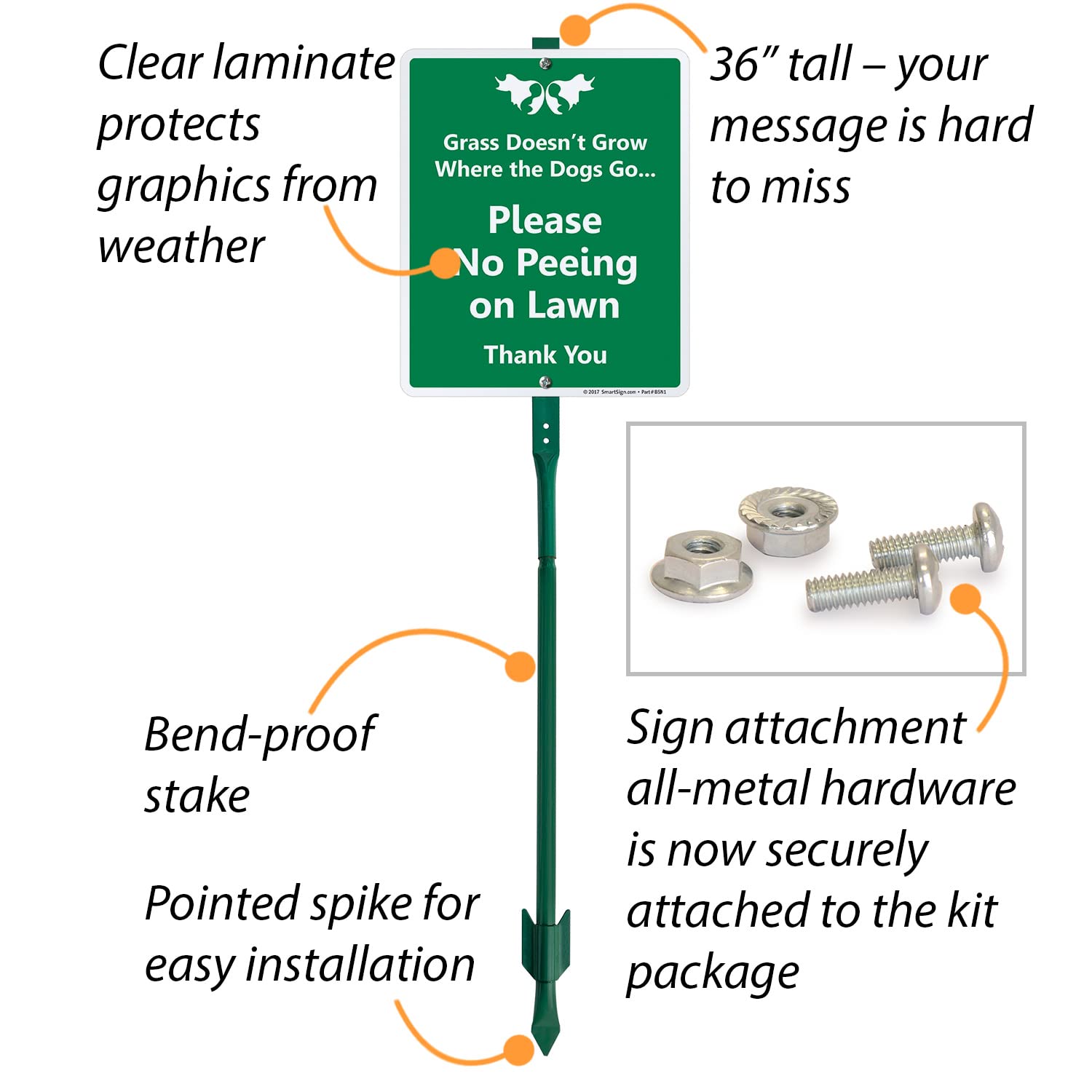 SmartSign 12 x 10 inch “Grass Doesn't Grow Where The Dogs Go - Please No Peeing On Lawn” LawnBoss Yard Sign with 3 foot Stake, 40 mil Laminated Rustproof Aluminum, White and Green, Set of 1, USA-Made